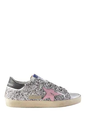 GOLDEN GOOSE Golden Goose Superstar Distressed Metallic Glittered Leather Sneakers Silver