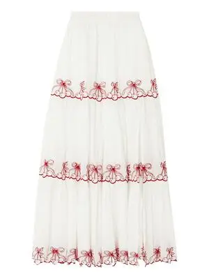LoveShackFancy Jemila Tiered Scalloped Embroidered Organic Cotton Maxi Skirt - White