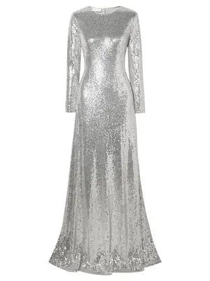 Michael Kors Sequined Long Sleeve Gown - Silver