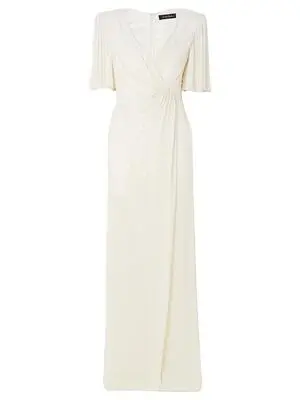Jenny Packham Draped Wrap-effect Embellished Chiffon Gown - White