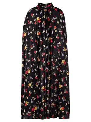RODARTE Midi Dress With Cape Effect In Floral Silk-charmeuse - Black