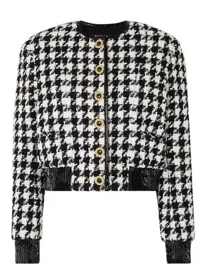 Balmain Houndstooth Tweed Jacket With Faux Patent Leather Trims - Black