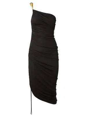 Bottega Veneta One-shoulder Asymmetric Embellished Satin-jersey Midi Dress - Black