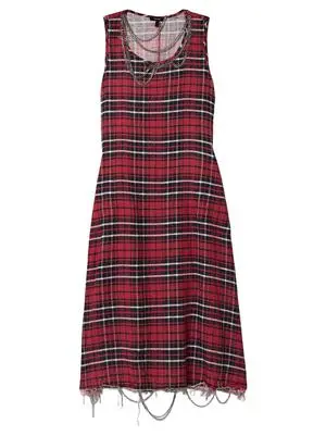 R13 Embellished Distressed Checked Brushed Linen Midi Dress - Red