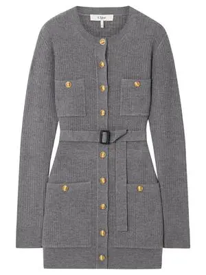 Chloé Belted Ribbed Wool-blend Mini Dress - Gray