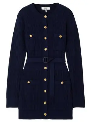 Chloé Belted Ribbed Wool-blend Mini Dress - Blue