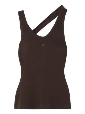 COURREGES Courrèges Asymmetric Embroidered Ribbed Stretch Cotton-jersey Tank - Brown