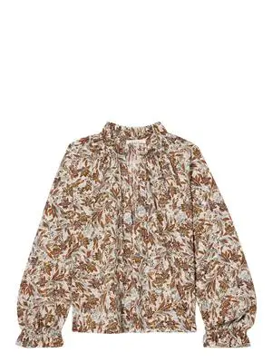DÔEN Juna Tie-neck Floral-print Organic Cotton-voile Top - Brown