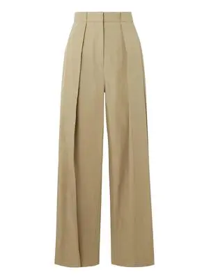 Balmain Pleated Cotton-poplin Wide-leg Trousers - Neutrals