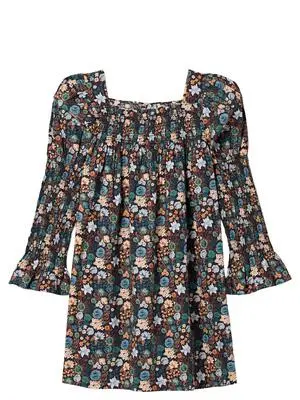 DÔEN Sabia Shirred Floral-print Organic Cotton-poplin Mini Dress - Blue