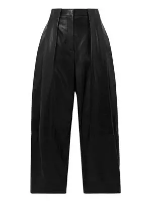 Balmain Cropped Pleated Leather Wide-leg Trousers - Black
