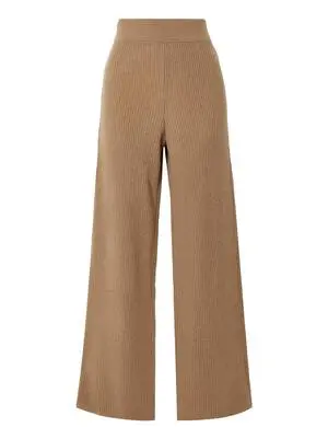 Le Kasha Ribbed Organic Cashmere Wide-leg Pants - Brown
