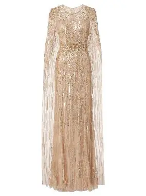 Jenny Packham Ruby Sequined Caped Gown - Gold