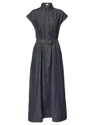 Brunello Cucinelli Belted Denim Maxi Shirt Dress - Blue
