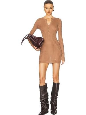 Attico Long Sleeve Ribbed Knit Mini Dress - Camel