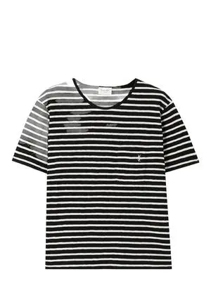 Saint Laurent Striped Embroidered Cotton-jersey T-shirt - Black