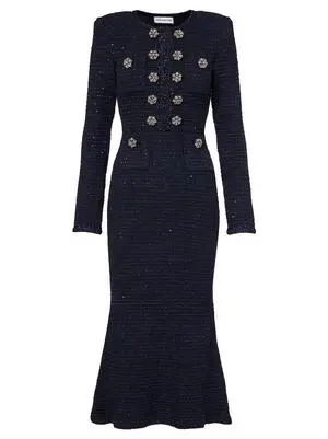 SELF-PORTRAIT Navy Bouclé Midi Dress With Embellished Buttons - Blue