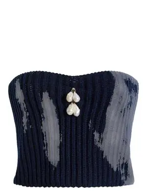 Prada Pearl-embellished Knit Bustier Top - Navy