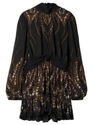 Farm Rio Tie-neck Floral-print Georgette Mini Dress - Black