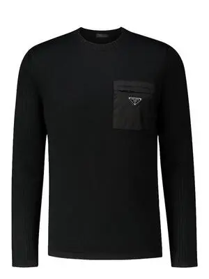 Prada Crewneck Sweater With Nylon Pocket - Black