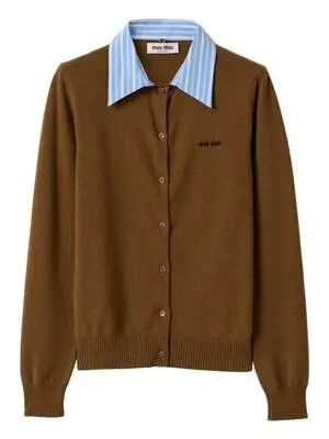 Miu Miu Cashmere Cardigan With Detachable Cotton Collar - Tobacco/celeste