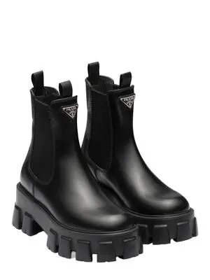 Prada Monolith Brushed Leather Chelsea Boots - Black