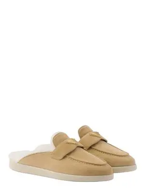 Prada Suede And Shearling Slippers - Ecru