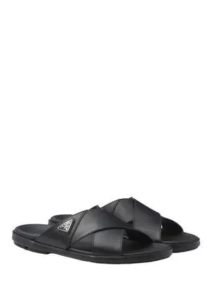 Prada Leather Criss-cross Slides - Black
