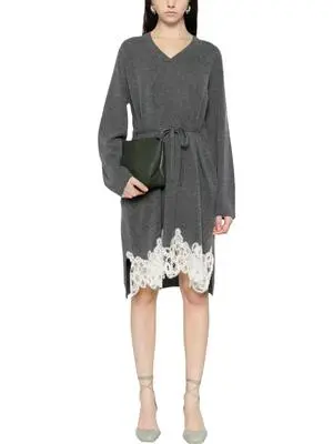 Fabiana Filippi Lace-trimmed Wool Blend V-neck Dress - Grey