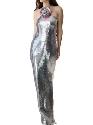 RODARTE Sequin Flower-appliqué Halterneck Maxi Dress - Silver
