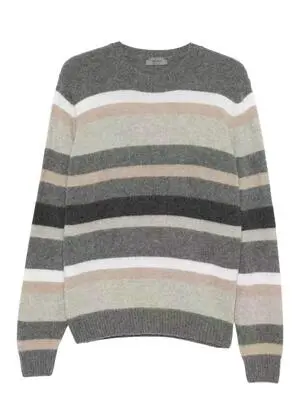 FERRANTE Striped Round Neck Long Sleeve Sweater - Grey