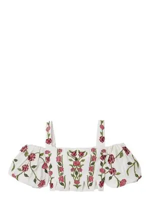 Agua Bendita Cropped Cold-shoulder Embroidered Linen Top - Multi
