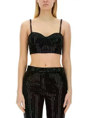 Michael Kors Striped Chain Strap Sweetheart Neck Top - Black
