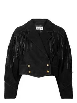 Rixo Darragh Fringed Double-breasted Suede Jacket - Black