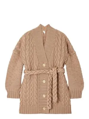 VIOLANTE NESSI Tracey Belted Cable-knit Wool Cardigan - Neutrals