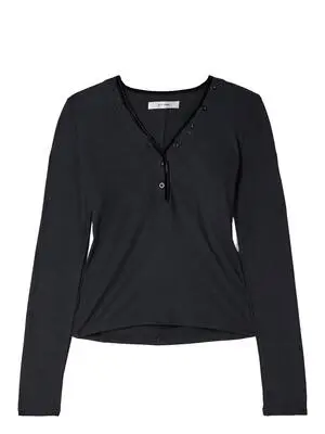 FRAME The Henley Velvet-trimmed Ribbed Stretch-modal Top - Black