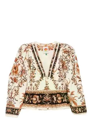 Farm Rio Floral Print Lace Trim V-neck Blouse - Neutrals