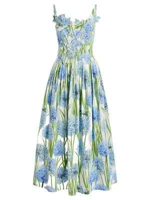 Oscar De La Renta Appliqued Allium-printed Cotton-poplin Midi Dress - Multi