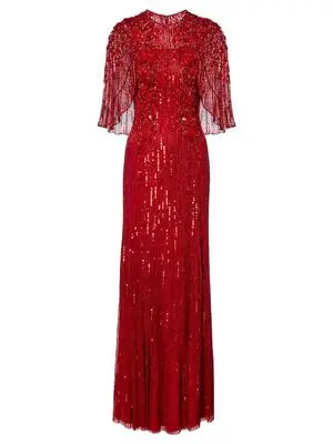 Jenny Packham Embellished Caped Gown - Red