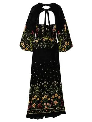 Agua Bendita Velvet Floral Print Maxi Dress With Cutout - Black