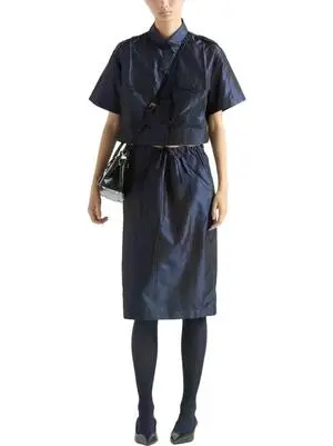 Prada Cropped Taffeta Shirt With Classic Collar And Flapped Pockets - Blue