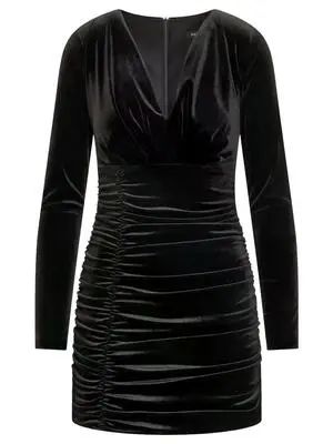 ACTUALEE Velvet Ruched Long Sleeve Dress - Black