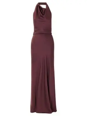 Simkhai Reannon Draped Satin Halterneck Gown - Brown