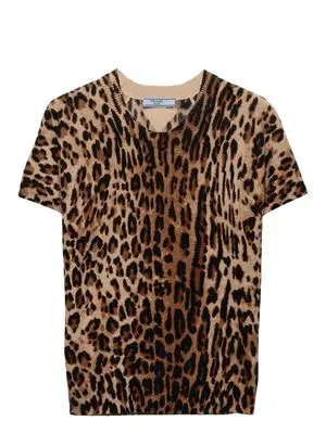 Prada Prada Cashmere Leopard Print Short Sleeve Sweater Brown