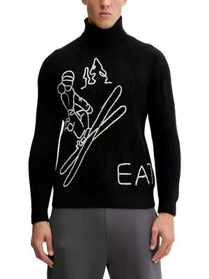 EA7 Ribbed Roll Neck Sweater With Graphic Detail - Black