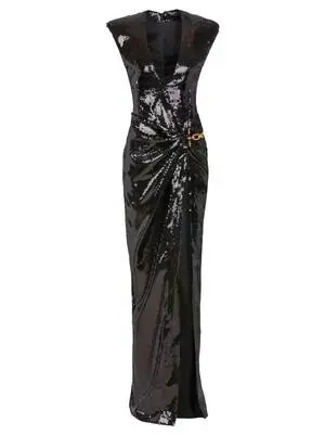 Balmain Draped Sequin-embellished Maxi Dress - Black