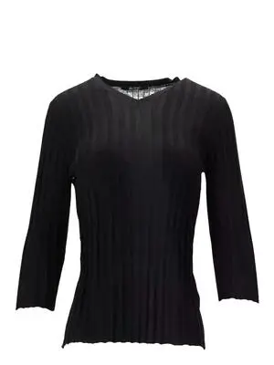 LA ROSE V-neck Ribbed Knit Sweater With Three-quarter Sleeves - Black