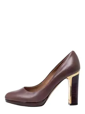 FERRAGAMO Round Toe Leather High Block Heel Pumps - Brown