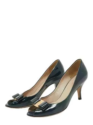 FERRAGAMO Patent Leather Peep-toe Pumps With Bow Detail - Blue