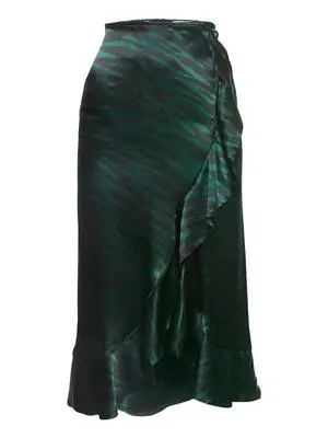 GANNI Zebra Print Ruffle Hem Satin Skirt - Green